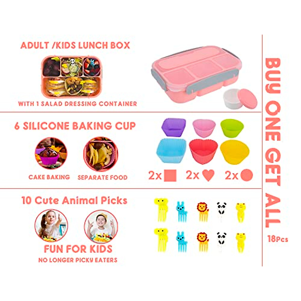 Bento Lunch Box for Kids Adult,4 Compartment Bento Box Containers with Fun Accessories Thick Silicone Food Cake Cups, Cute Food Picks for Kids,Easy to Clean (PINK)