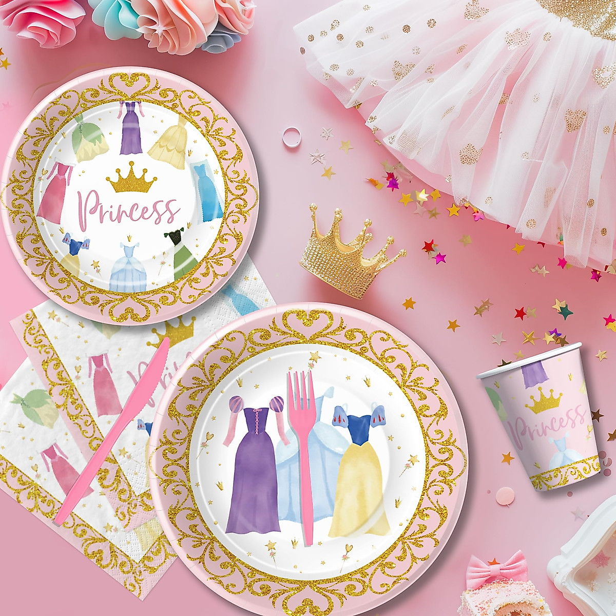 Suhelkit Princess Birthday Party Decorations Tableware - Princess Party Decorations Supplies For Birthday Baby Shower, Plate, Cup, Napkin, Disposable Cutlery, Princess Birthday Decorations | 24 Guest