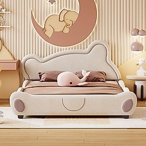 VilroCaz Queen Size Velvet Platform Bed with Bear-Shaped Headboard and Bed-End Storage Pocket, Upholstered Kids Platform Bed Frame with Safety Fence for Boys Girls, Sturdy Slats Support