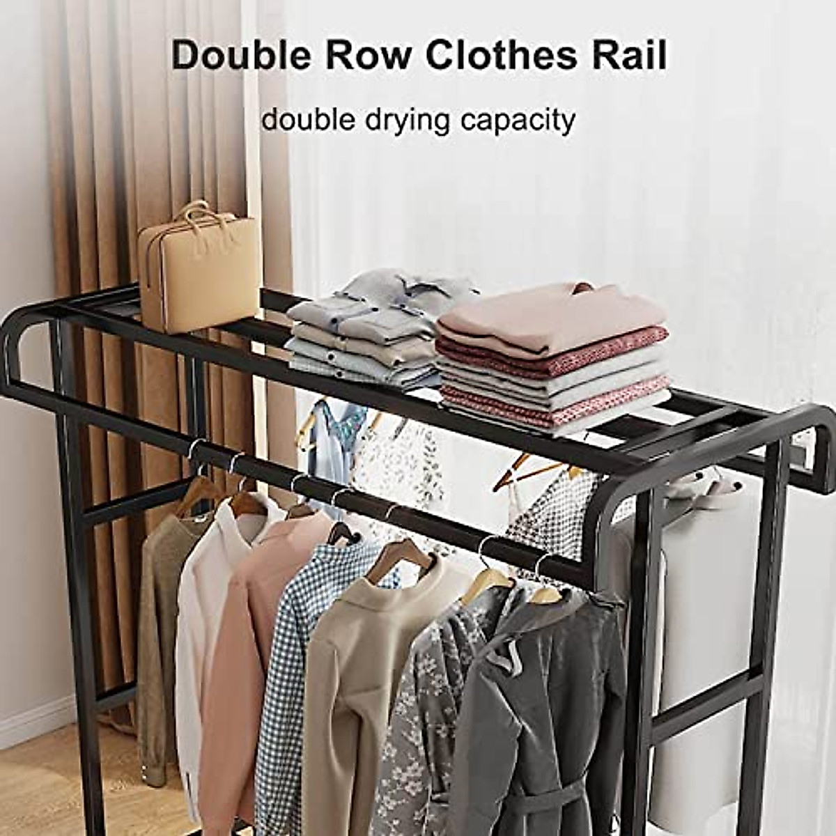 Double Rails Clothes Rack, Industrial Pipe Style Rolling Garment Rack, Heavy Duty Clothes Hanging Rack for Shop Home Office Laundry,Black,120 * 50 * 150cm
