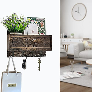 Key and Mail Holder for Wall Mounted with Purple Decorative Flowers, Large Wooden Mail Box with Wave Carving Pattern, 4 Double Metal Key Hooks, Rustic Decor Wall Mount Organizer for Entry