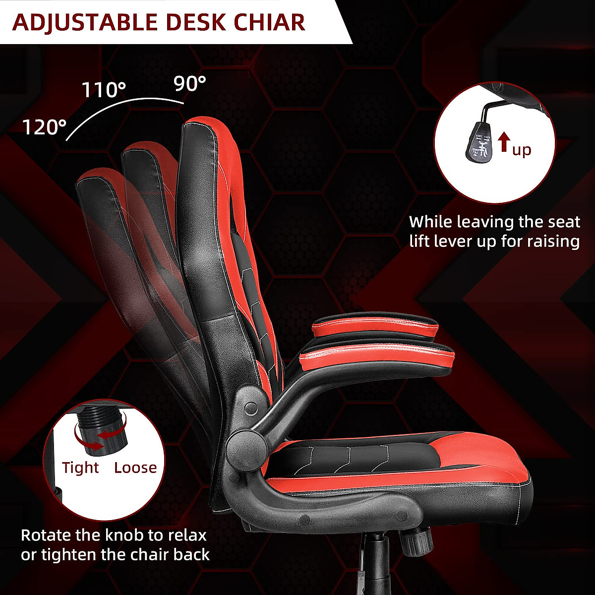 MUZII Office Desk Chairs, Computer Gaming Chairs, Desk Chair with Padded Armrests and Flip-up Armrests Video Game Chairs for Teens, Red