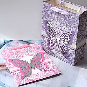 Ruifyray 12.6" Large Butterfly Gift Bag 2 Pack, with Handle and Tissue Paper, for Anniversary/Valentines Day/Birthday Party/Bridal Shower Decoration/Wedding Favors/Christmas Holiday & New Year Gift (pink + purple)