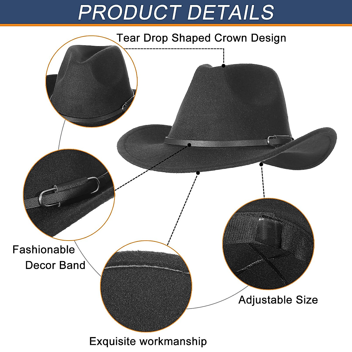 GEMVIE Cowboy Hat for Men Women Classic Roll Up Brim Fedora Cowgirl Hat Western Cowboy Hat with Belt Black