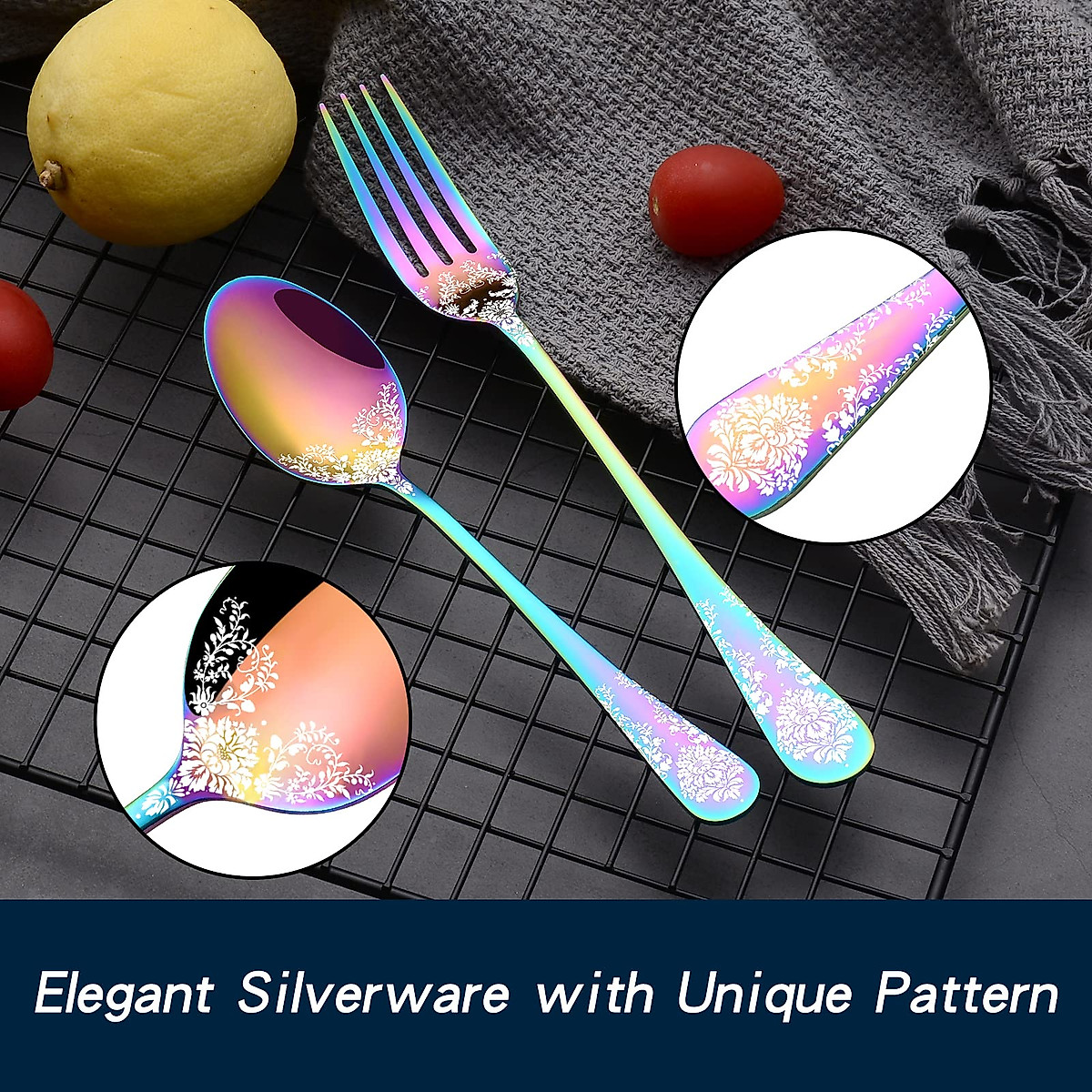 24-Piece Rainbow Spoons and Forks Silverware Set for 12, LaienLife Unique Stainless Steel Flatware Set of Forks Spoons, Modern Utensils Cutlery Service for Home Kitchen Restaurant, Mirror Polished