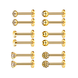 Sumind Nose Studs 16G tragus piercing jewelry Tragus Earrings Lip Rings Diamond Crystal Stainless Steel Labret Bars Body Piercing Jewelry, 6 Designs(Gold)