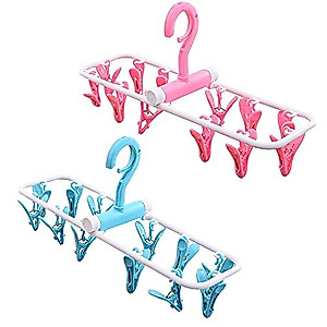 Amlrt 2 Packs Travel Foldable Portable Hanging Drying Rack， Laundry Drying Space Saving Travel Rotatable Plastic 12 Clips (Rose and Blue)