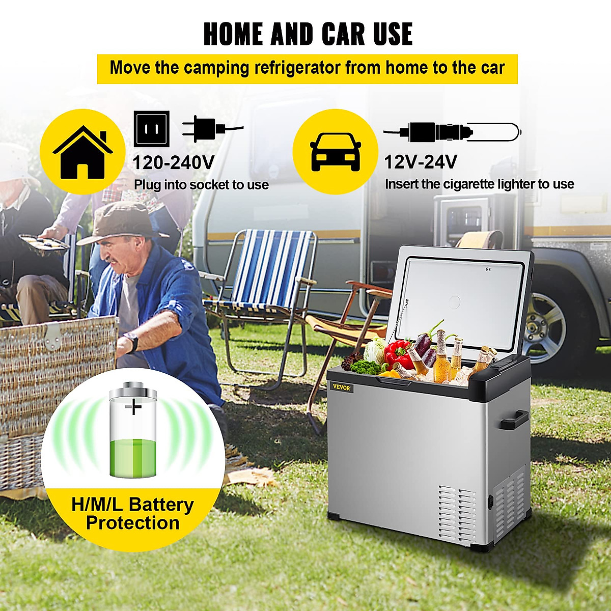 VEVOR 12 Volt Refrigerator, Portable Refrigerator (-4℉~68℉) With APP Control Car Compressor Fridge Cooler 12V/24V DC and 110-220V AC For Camping, Road Trip, Boat, Skincare, Outdoor and Home (53 Quart)