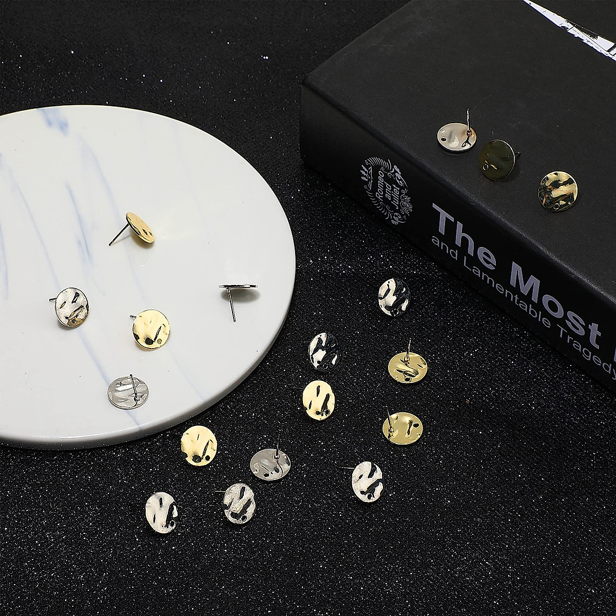 50 Pieces Flat Round Ear Studs Earring Posts with Loop Hole Coin Jewelry 13.0 mm Plated Disc Charms for DIY Earrings Craft Making Supplies for Women(White K, KC Gold)