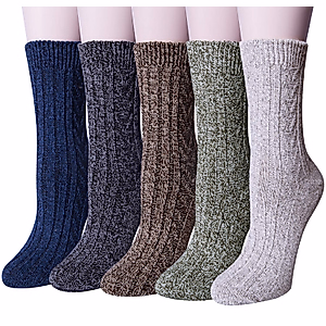 Pack of 5 Womens Winter Socks Warm Thick Knit Wool Soft Vintage Casual Crew Socks Gifts,A-Navy/Dark grey/Brown/Green/Light grey