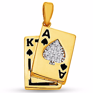 14K Yellow Gold Spade A Ace & K King Poker Blackjack Card Pendant Charm with CZ Cubic Zirconia Accents (15x13 mm)