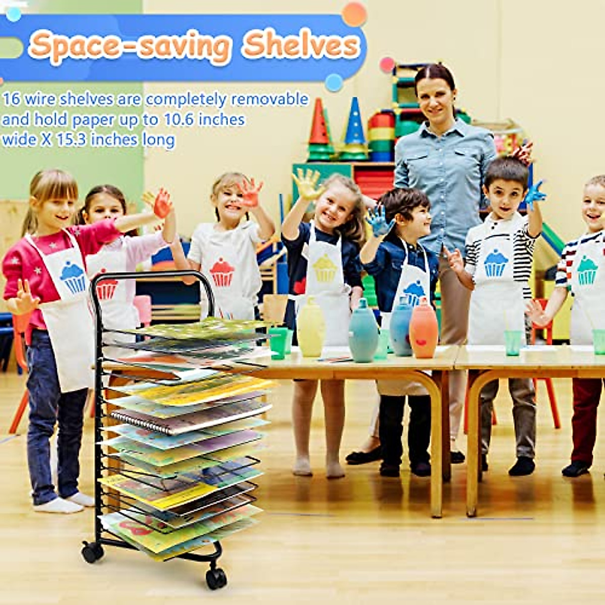 Lzttyee Art Drying Rack for Classroom Paint Drying Rack Art 16 Shelves Metal Artwork Storage Display Rack Art Drying Rack with Wheels for Classroom Painting Crafts (16 Shelves)