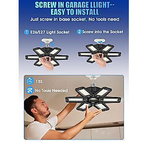 LED Garage Lights 1 Pack - 180W 18000LM Garage Lights Ceiling Led with 6 Adjustable Panels, 6500K Daylight Deformable Garage Lighting Bulb Fit E26/E27, LED Light for Garage Shop Barn Basement