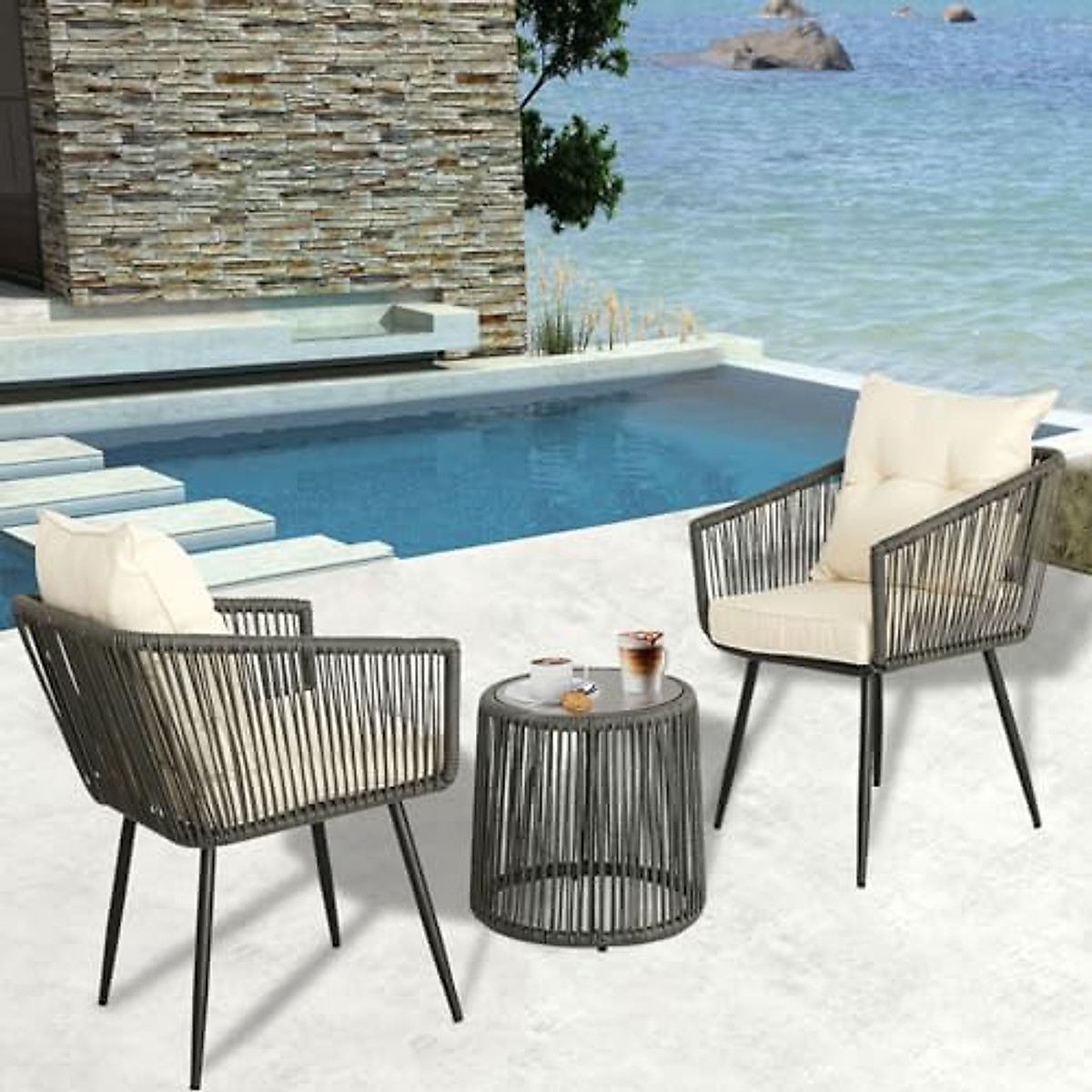 Furnivilla 3 Piece Patio Set Patio Furniture Wicker Patio Chairs and Tempered Glass Table for Balcony Backyard Garden(Beige)