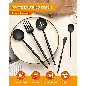 EUIRIO 5PCS Large Serving Utensils Set, Matte Black Hostess Flatware Serving Utensils, Heavy Duty Stainless Steel Serving Spoon, Slotted Spoon, Serving Fork, Sugar Spoon&Butter Knife, Dishwasher Safe