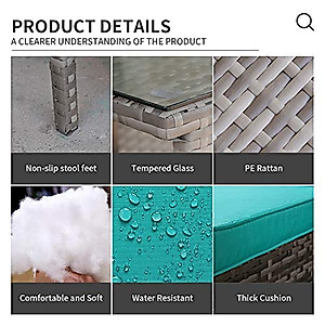 3 Piece Outdoor PE Rattan Furniture Bistro Set Patio Wicker Conversation Chair with Glass Top Table Space Saving Design, Turquoise Cushion