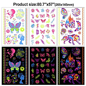 HOWAF 8 Large Sheets Neon Temporary Tattoos, 100+ Shimmer Designs Glow UV Neon Body Face Skin Tattoo Wolf Jewellery Tattoos Flash Fake Waterproof Tattoo Stickers for Women Men Girls Body Art