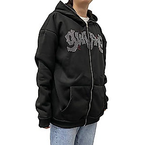 Faretumiya Women Men Rhinestone Hoodie Y2k Graphic Zip Up Unisex Sweatshirt Sparekly Oversized Pullover Jacket Streetwear（black two，Large）