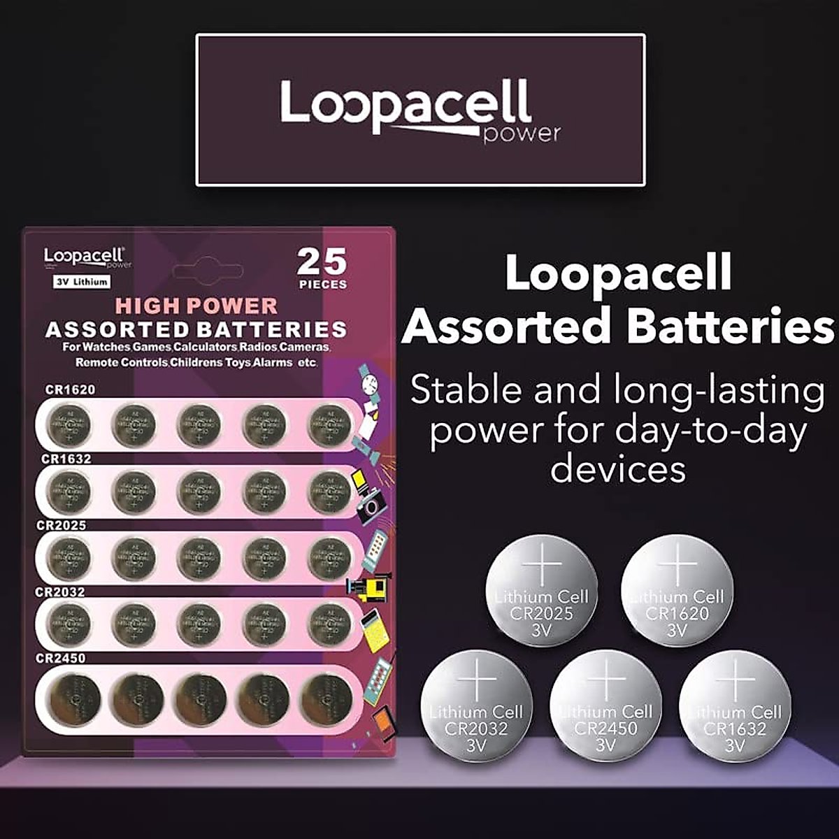 Loopacell High Power Button Cell 3V Lithium Assorted Battery CR2032 CR2025 CR2450 CR1620 CR1632, 25 Piece Set