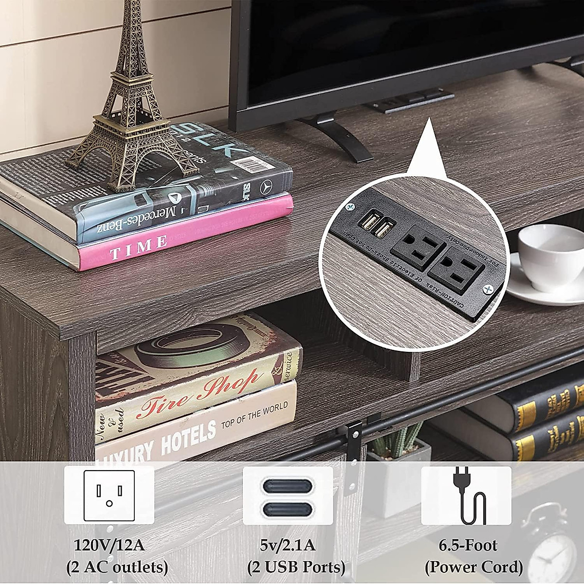 Vinctik 6&Fox 57In Wooden Farmhouse Entertainment Center for 60/65 inch TV,Double Layer Storage Farmhouse TV Stand,Double-Row Sockets with Wood Sliding Barn Door TV Stand(Double Layer White)