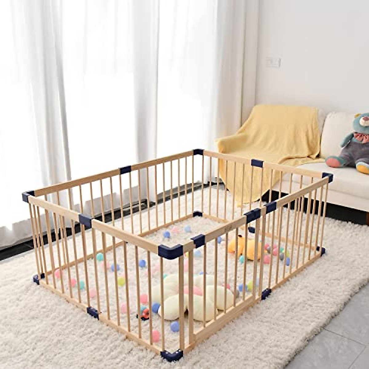 Kids Play Fence with Door,Wood Playpen Baby Safety Play Center Yard, Safe Play Area Indoor Kids Safety Activity Center Playard w/Locking Gate , Without Mat