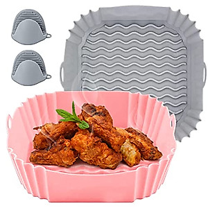 BW 2-Pack Square Silicone Air Fryer Liners 8 Inch For (4 to 7 QT) Reusable AirFryer Pot Air Fryer Inserts For Oven Microwave Accessories (Grey+Pink) + (2 Anti Heat Gloves)