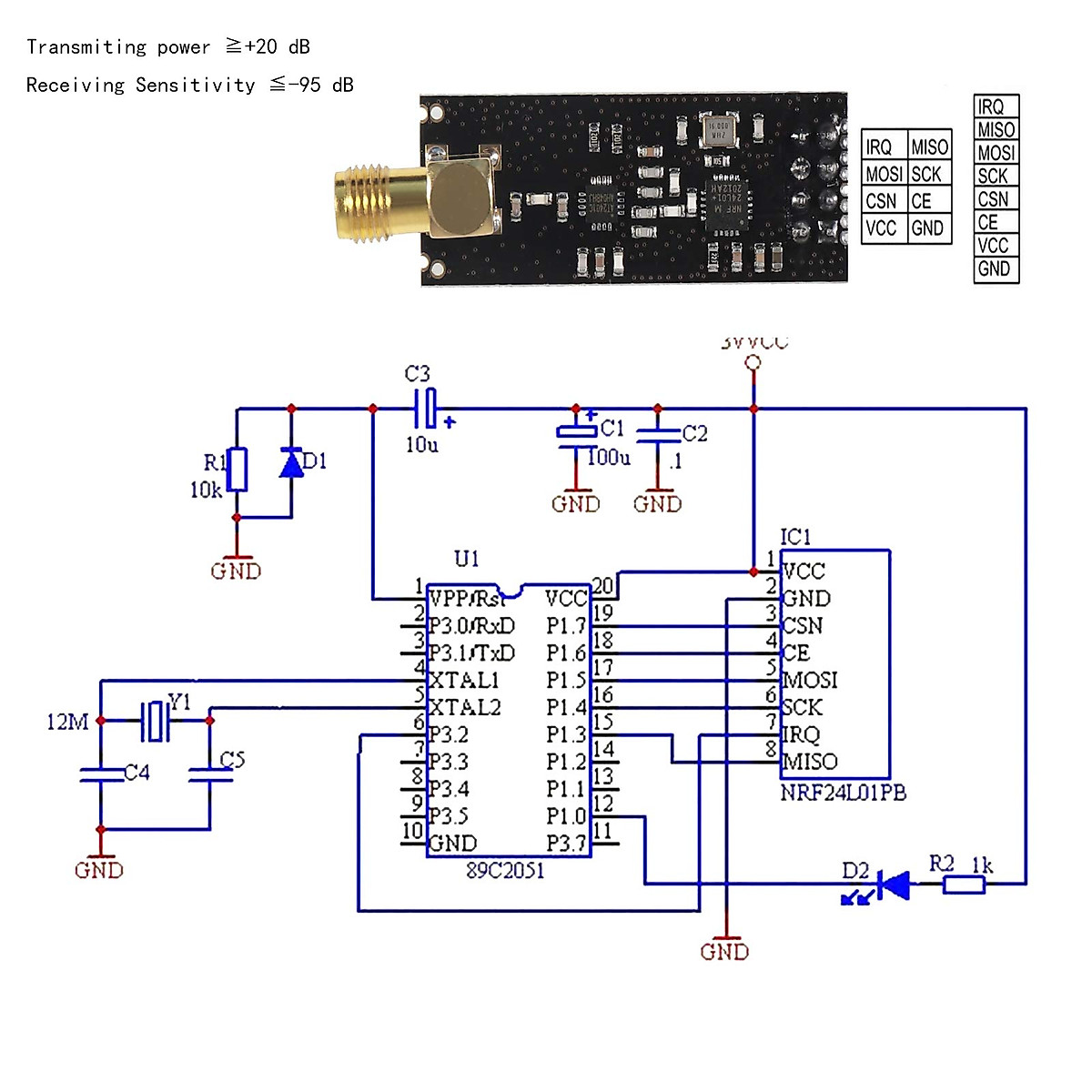 2Pcs NRF24L01+PA+LNA RF Wireless Transceiver Module with SMA Antenna 2.4G 1100m & Wireless Module with Breakout Adapter On-Board 3.3V Regulator