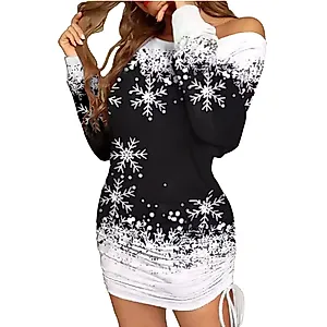 Christmas Snowflake Plaid Gradient Drawstring Bodycon Mini Dresses Women Christmas Long Sleeve Ruched Short Wrap Dress (Large, Black-2)