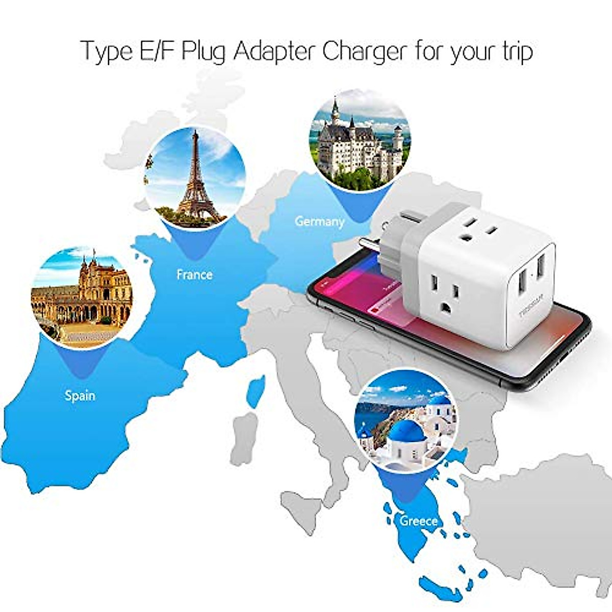 TESSAN Type E F Plug Adapter, France Germany Power Adapter with 2 USB 3 American Outlets, Schuko European Travel Plug Adaptor for US to Europe German Frence Iceland Spain Russia Poland EU