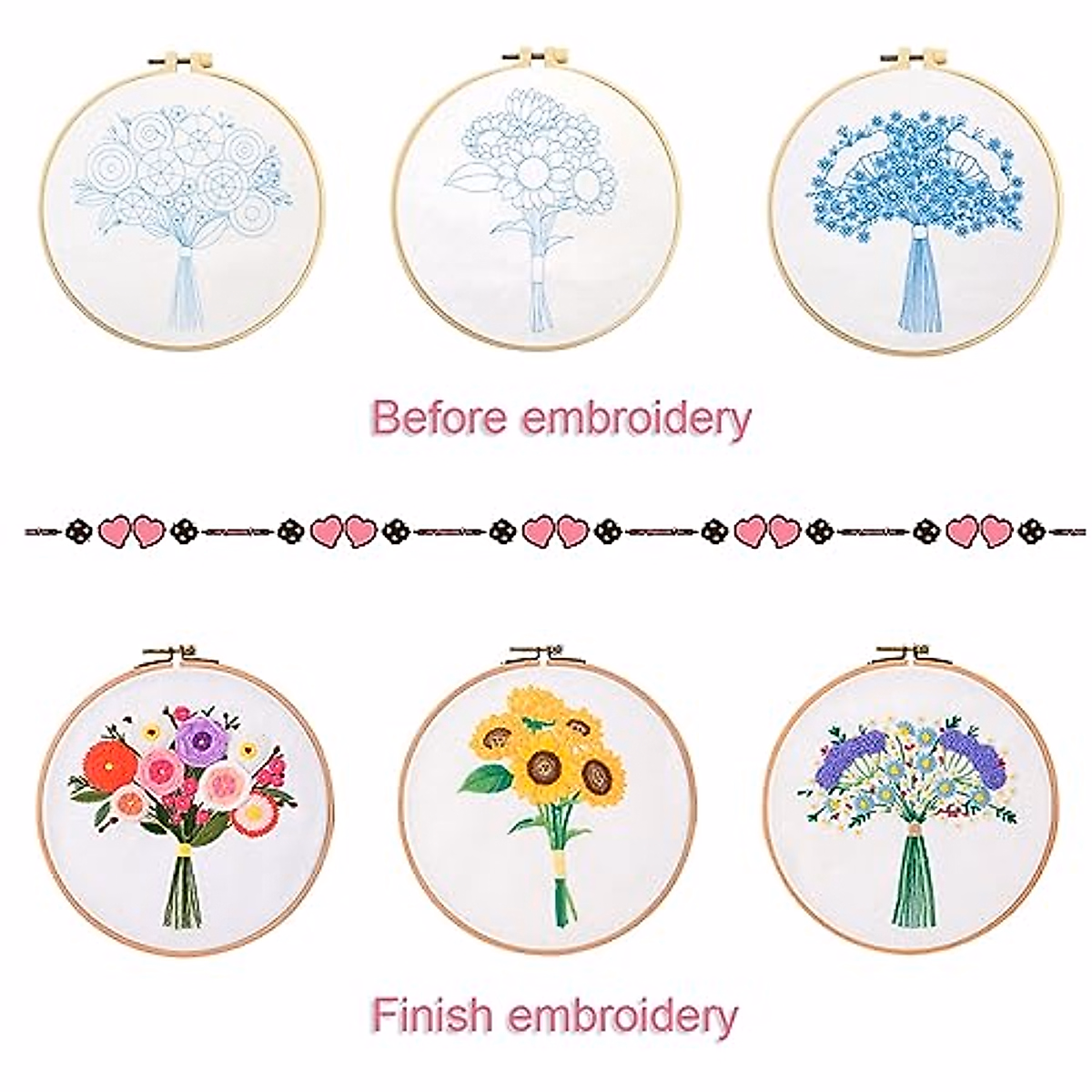Easy Embroidery Kit for Beginners Adults and Kids 3 Sets Stamped Floral Embroidery Kit for Kids Cross Stitch Kit Funny Embroidery Starter Kit with Pattern Cross Stitch 3 Set (Bunch Flowers 3P)