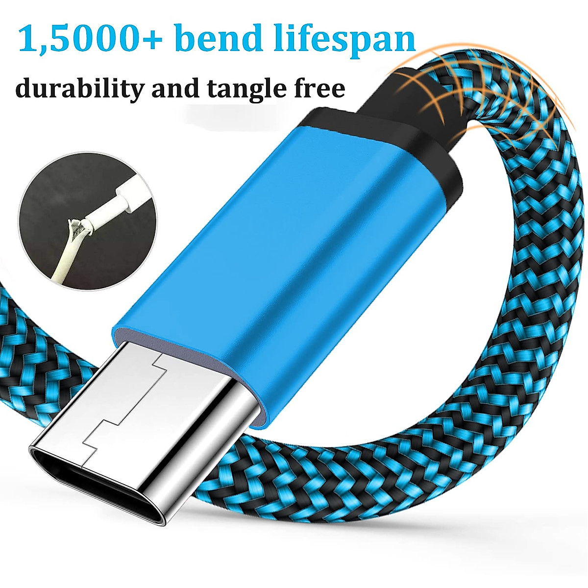 Aioneus 3 Pack 6ft Micro USB Cable + 3 Pack 10 ft USB-A to USB-C Cable (Blue, Orange, Green)