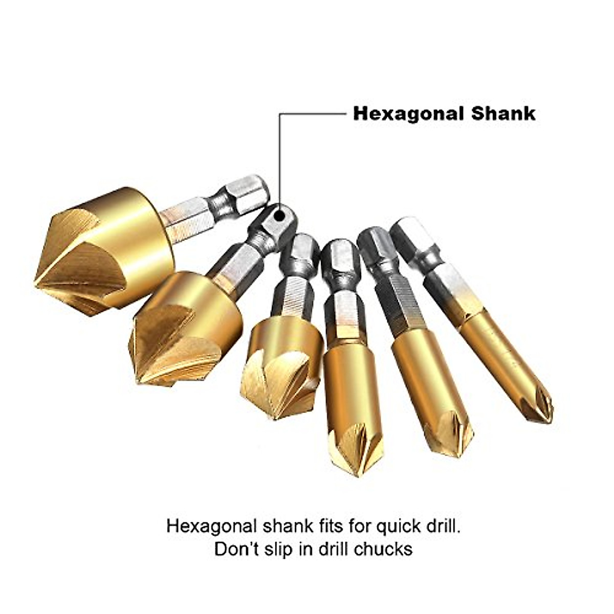 Baban Countersink Drill Bit,Countersink Drill Bit Set 6 Pcs 1/4'' Hex Shank HSS 5 Flute Countersink 90 Degree Center Punch Tool Sets for Wood Quick Change Bit 6mm-19mm