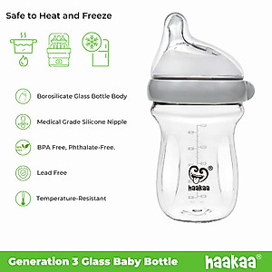 Haakaa Generation 3 Glass Baby Bottle 6 oz/160 ml, 1 PK (Grey)