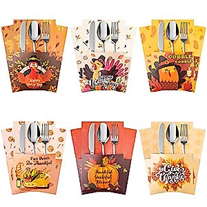 GROBRO7 36Pcs Thanksgiving Cutlery Holders Autumn Silverware Wrap Bag Happy Turkey Day Pumpkin Maple Leaf Tableware Holder Pouch for Knife Fork Fall Harvest Party Supplies for Dinner Table Decor