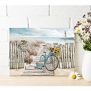 LAIART Beach Canvas Wall Art for Bathroom With Fence Wooden Path Bike Decor Lighthouse Print Pictures Artwork (11"x15")