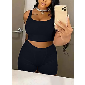 Ribbed 2 Piece Set for Women Sleeveless Crop Tank Top High Waist Shorts Casual Yoga Lounge Sets Black S
