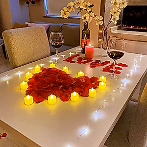WAKISAKI (3-in-1 Set) 300 Pcs Fake Rose Petals for Romantic Night for Her or Him, 12 Pack LED Tea Lights Fake Candles Battery Operated, 20FT LED String Lights with 3 Modes, for Romantic Decoration