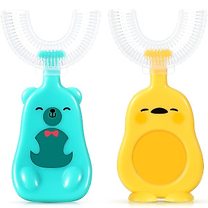 2 Pieces Kids U Shaped Toothbrush 360 Degrees Toddler Toothbrush Soft Silicone Brush Head Tooth Brush U Type Toothbrush for Toddlers Ages 2-6 (Cute Style,2-6 Years)