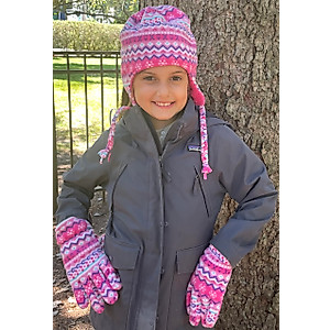 N'Ice Caps Girls Hat Gloves Set Kids Fleece Winter Warm Sherpa Lined Fair Isle (5-8 Years, Fuchsia Multicolor)