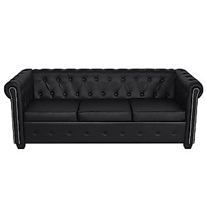 CUSON Chesterfield Sofa 3-Seater | Modern 3-Seat Sofa Couch | Living Room Sofa | Black Artificial Leather with Wooden Frame 78.9" x 30" x 27.6"