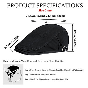 FuninCrea Adjustable Men Flat Cap, Cotton Newsboy Hats Gatsby Ivy Irish Hats, Breathable Beret Cabbie Hat for Golf Driving Hunting (Black)