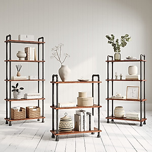 Barnyard Designs Rustic Industrial Bookshelf - Real Pine Wood with Sturdy Metal Frame - Tier Bookcase for Displaying Decor - No Tools Required Assembly (3-Shelf)