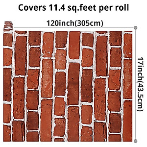 Arthome 17''x120'' Peel and Stick Brick Wallpaper Self Adhesive Contact Paper Waterproof Vinyl Film Wall Paper for Room,Fireplace,Stair and Christmas Holiday Decoration(Red)