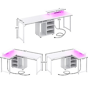 Cyclysio L Shaped Gaming Desk with Wood Cabinet, 58" Large Corner Desk with LED Lights & Power Outlet, Reversible Computer Desk with Monitor Stand, Home Office Desk 2 Person Corner Desk, White