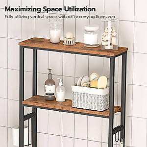 HOOBRO Over The Toilet Storage, 2-Tier Over Toilet Bathroom Organizer Shelf, with Toilet Paper Holder and Hooks, Sturdy and Durable, for Bathroom, Toilet, Rustic Brown and Black BF49TS01
