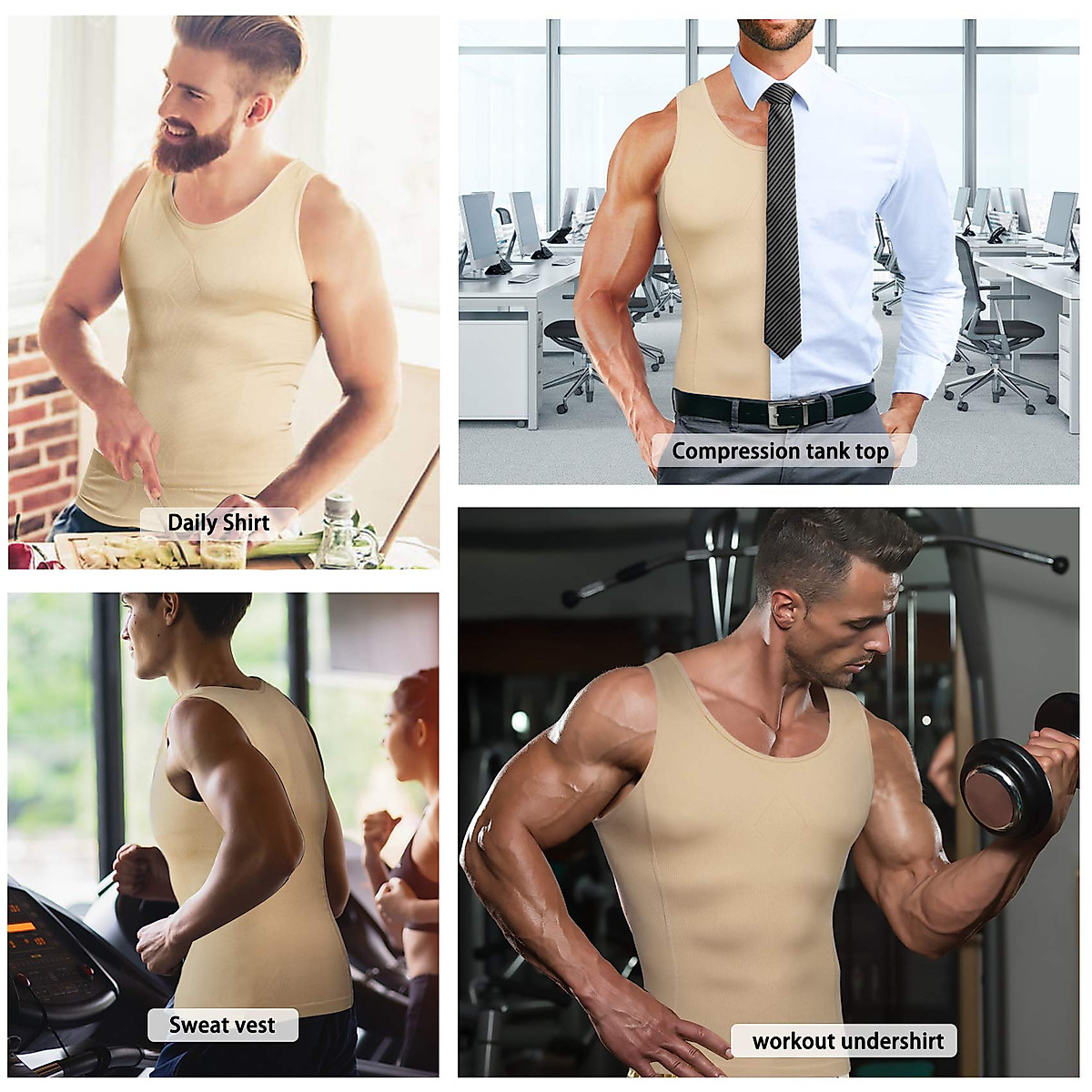 MOLUTAN Mens Compression Shirt Slimming Body Shaper Vest Sleeveless Waist Trainer Workout Tank Top Tummy Control Shapewear (Beige, Medium-Large)