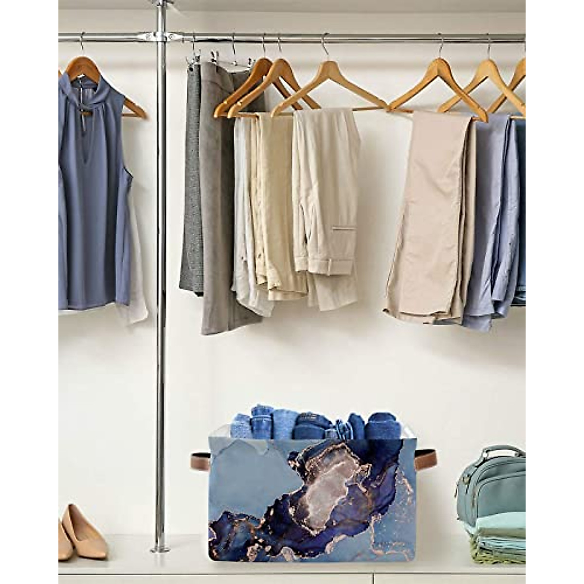 Blue Purple Aqua Marble Texture Storage Bins 2 Pack, Large Waterproof Storage Baskets for Shelves Closet, Chinese Abstract Art Ombre Storage Basket Foldable Storage Box Cube Organizer with Handles