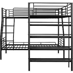 DNYN Twin Over Full Bunk Bed for Kids,L-Shaped Metal Bedframe with Loftbed Style & 4 Built-in Shelves,Perfect for Dorm,Bedroom,Guest Room,No Box Spring Needed,117.2"x77.5"x62.9", Black