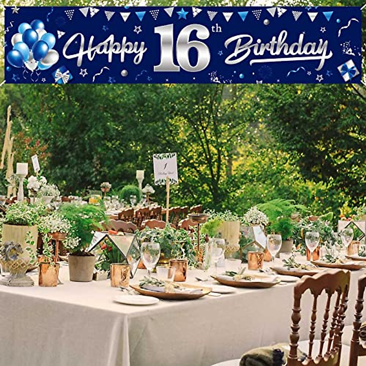 Lnlofen Blue Silve 16th Birthday Banner Decorations, Happy 16 Birthday Yard Banner Sign for Boys, Sweet 16 Year Old Birthday Background Décor for Indoor Outdoor