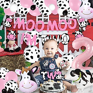 140 PCS Moo Moo Im Two Birthday Decorations Cow 2nd Birthday Banner Cow Two Cake Topper Balloon Sticker for Two Years Old Girl Boy Holy Cow Theme Party Supplies Glitter Pink Decoration